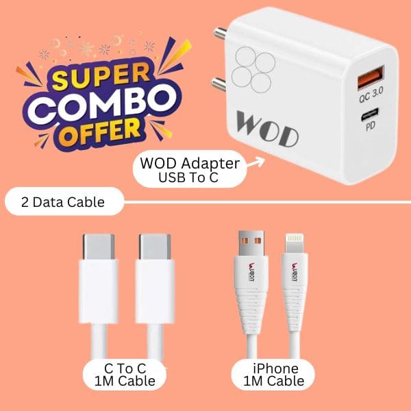 WOD 20W Fast Charger Combo + 2 Premium Data Cables (iPhone & C to C ...